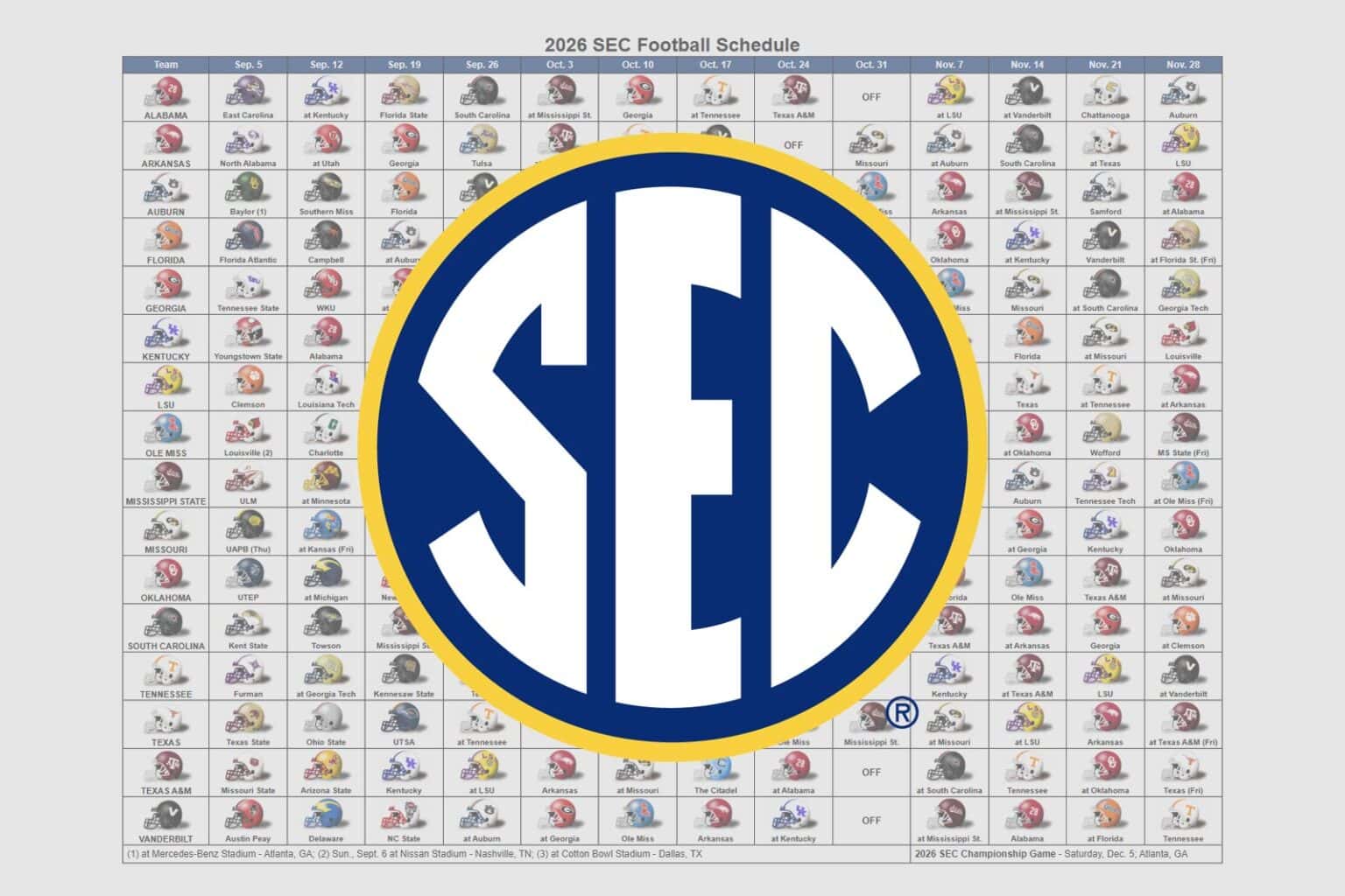 2026 SEC Football Helmet Schedule